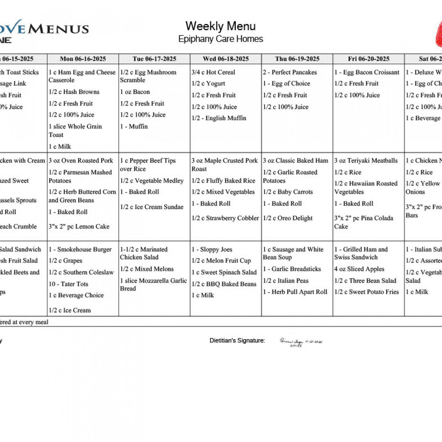Dining Menu | Epiphany Care Homes